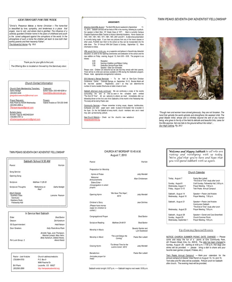 Bulletin For August 14-2010 | PDF | Sabbath | Seventh Day Adventist Church