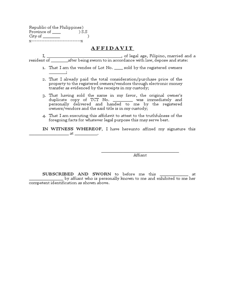 Affidavit: IN WITNESS WHEREOF, I Have Hereunto Affixed My Signature ...