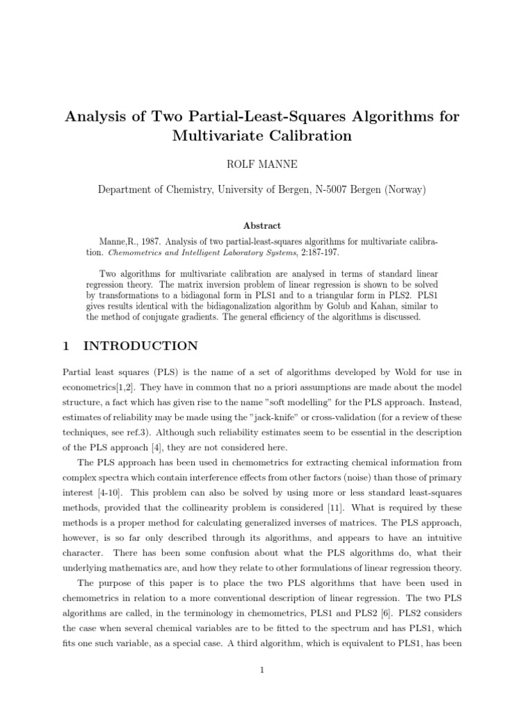 Analysis of Two Partial-least-Squares Algorithms For Multivariate Calibration PDF | PDF ...