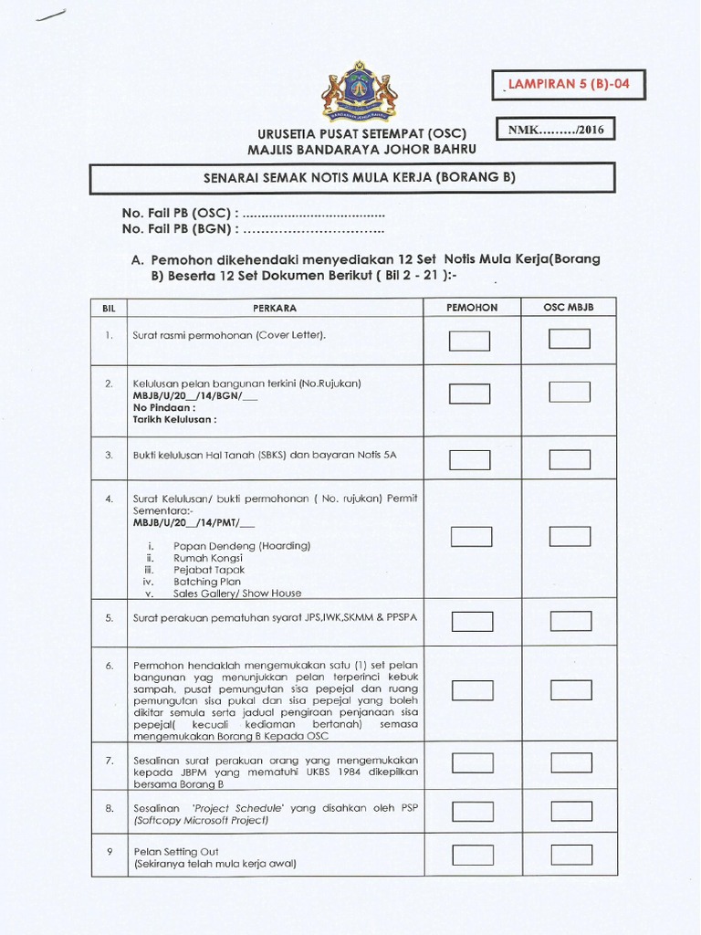 Senarai Semak Notis Mula Kerja (BORANG B) MBJB | PDF