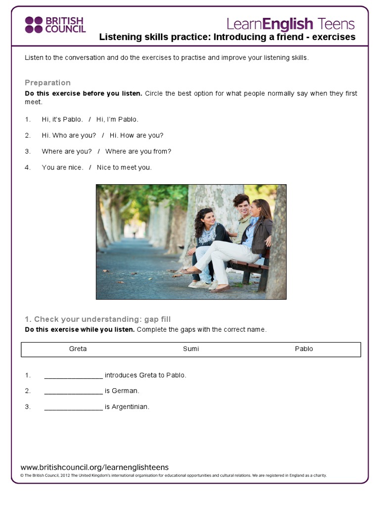 Listening skills practice: Introducing a friend - exercises: Preparation