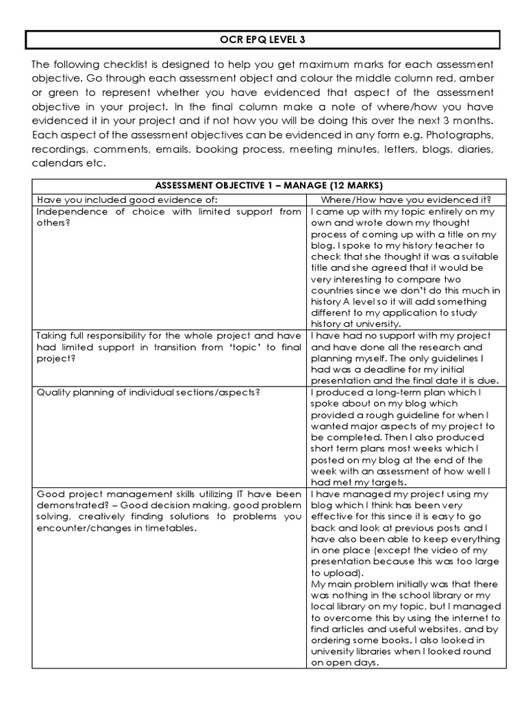 Copy Of Epq Checklist Rachel Muir Educational Assessment Evaluation