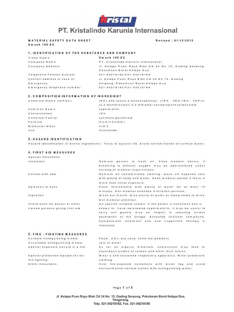 Msds Pestisida Jenis Smash 100 Ec | PDF