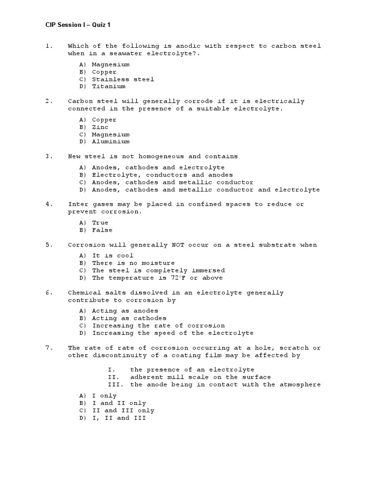 CIP Session I Quiz-1 | PDF | Anode | Corrosion