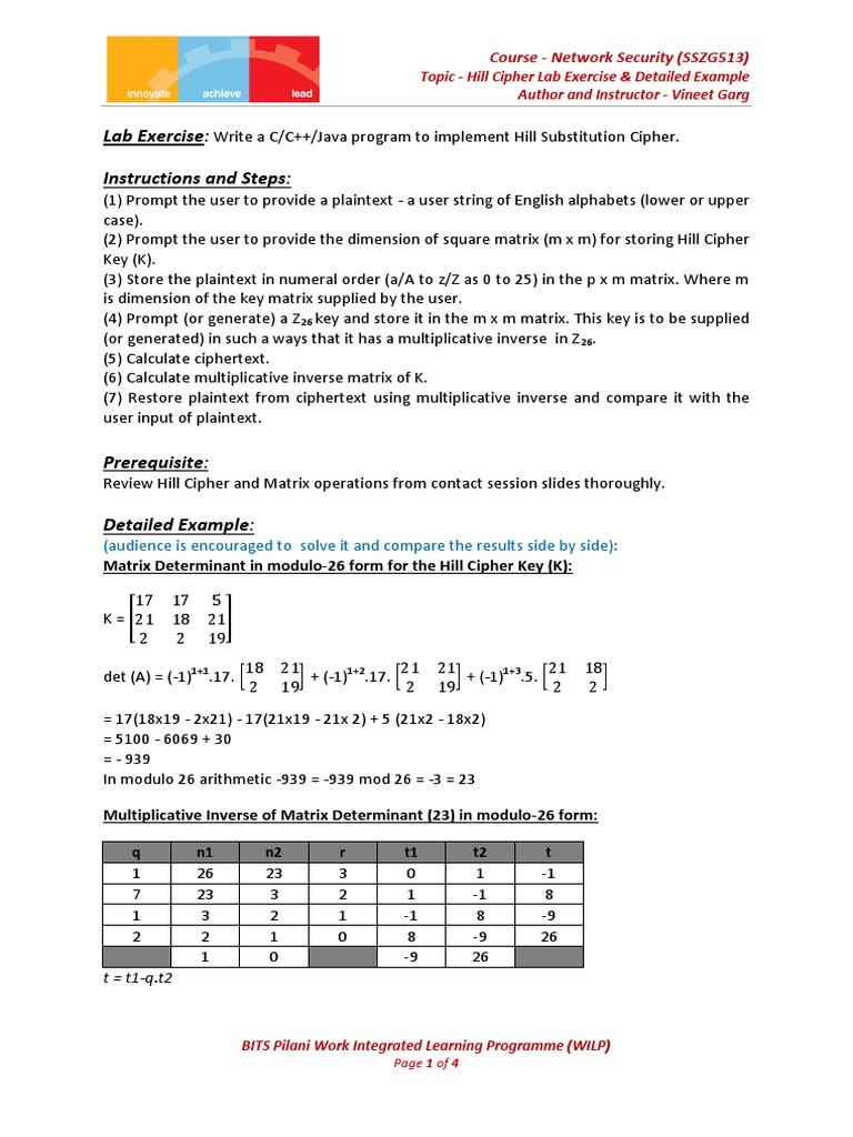 Hill Cipher Lab Exercise | PDF | Cipher | Cryptography Hill Cipher Lab Exercise | PDF | Cipher | Cryptography