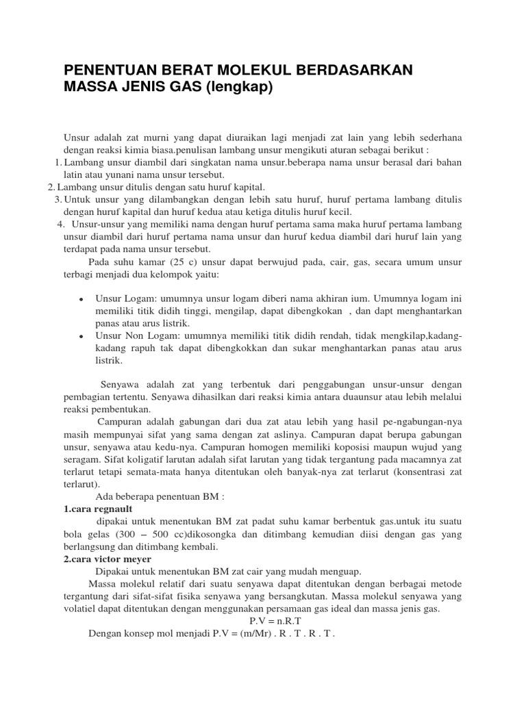 Penentuan Berat Molekul Berdasarkan Massa Jenis Gas | PDF
