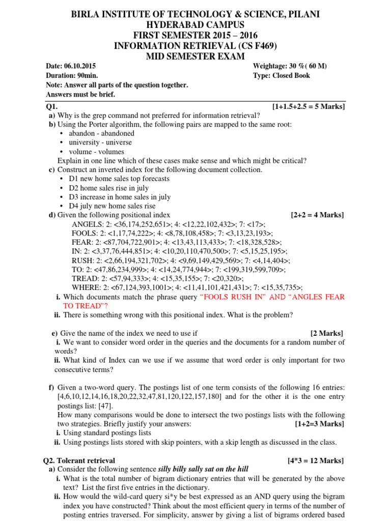 Mid Semster Exam QP | PDF | Information Retrieval | Computational Science