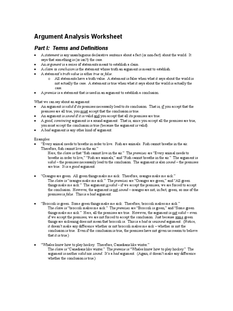 Argument Analysis Worksheet Pdf Validity Argument