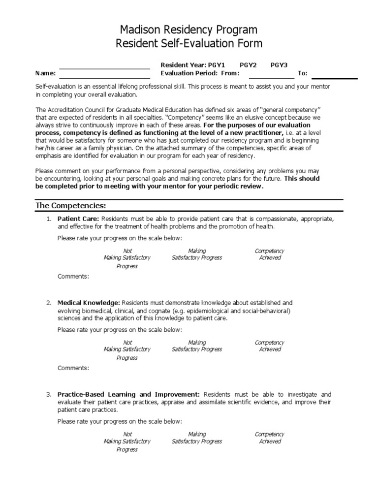 Assessing Progress and Setting Goals: A Resident Self-Evaluation Form ...