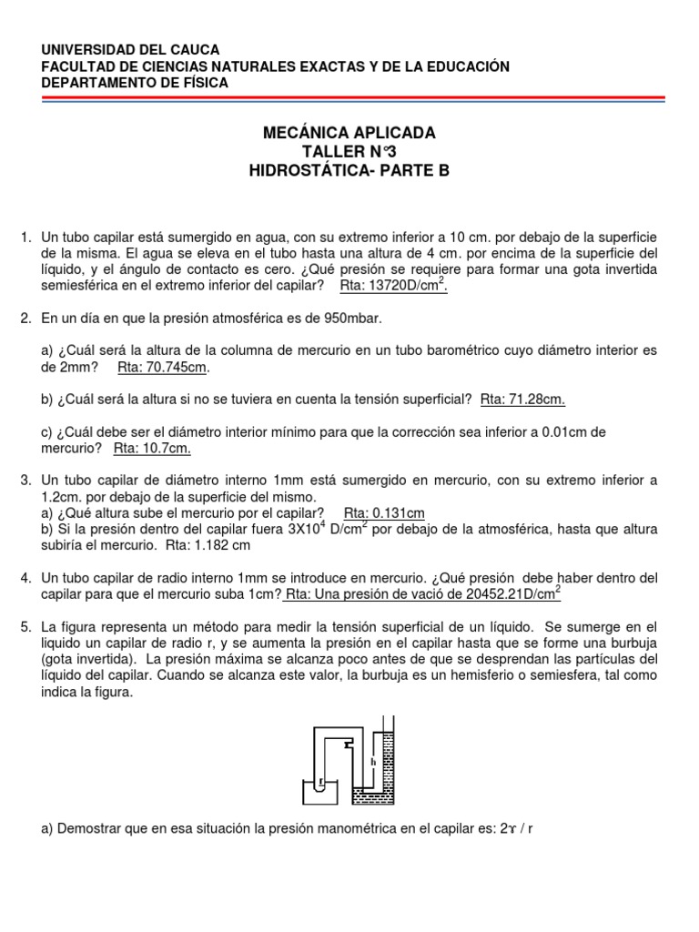 Taller 3 Hidrostática Parte B Pdf Presión Tensión Superficial
