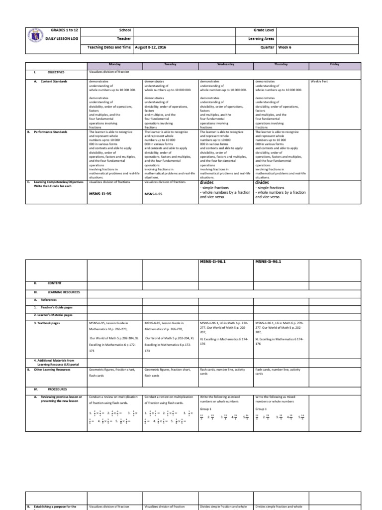 g5 DLL q1 Week 6 Math | PDF | Fraction (Mathematics) | Division (Mathematics)