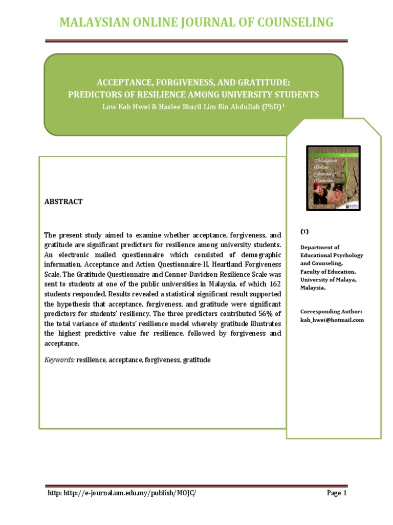 Abdullah & Hwei - Acceptance Forgiveness and Gratitude (Jurnal) | PDF ...