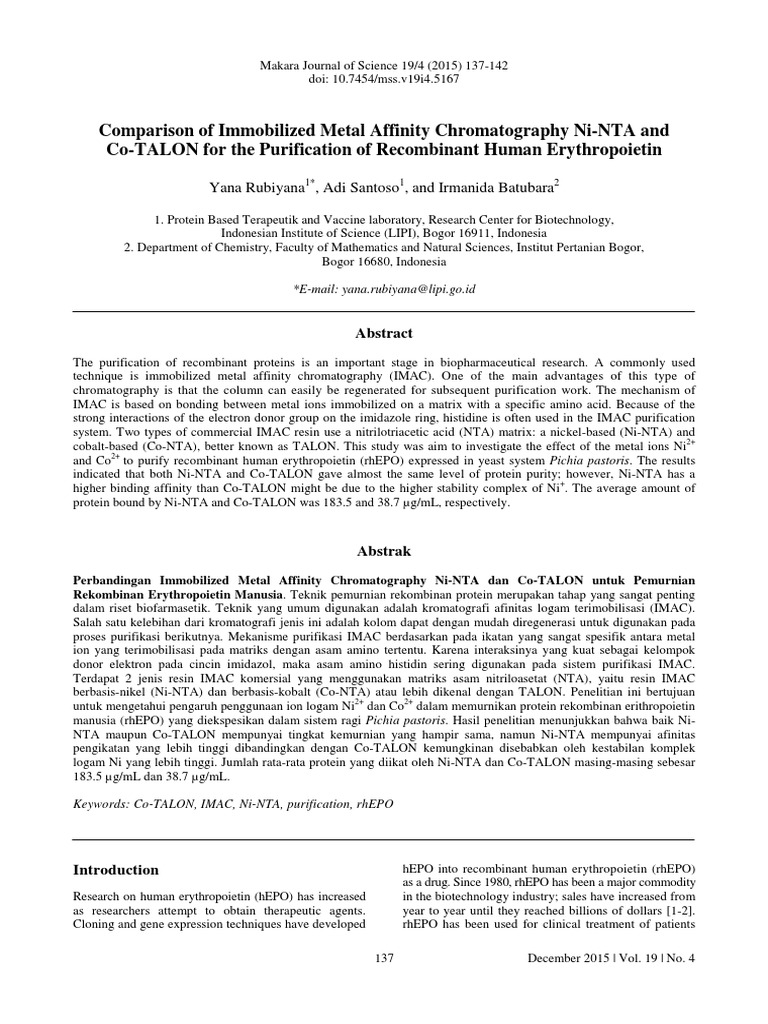 Comparison of Immobilized Metal Affinity Chromatography Ni-NTA and Co ...