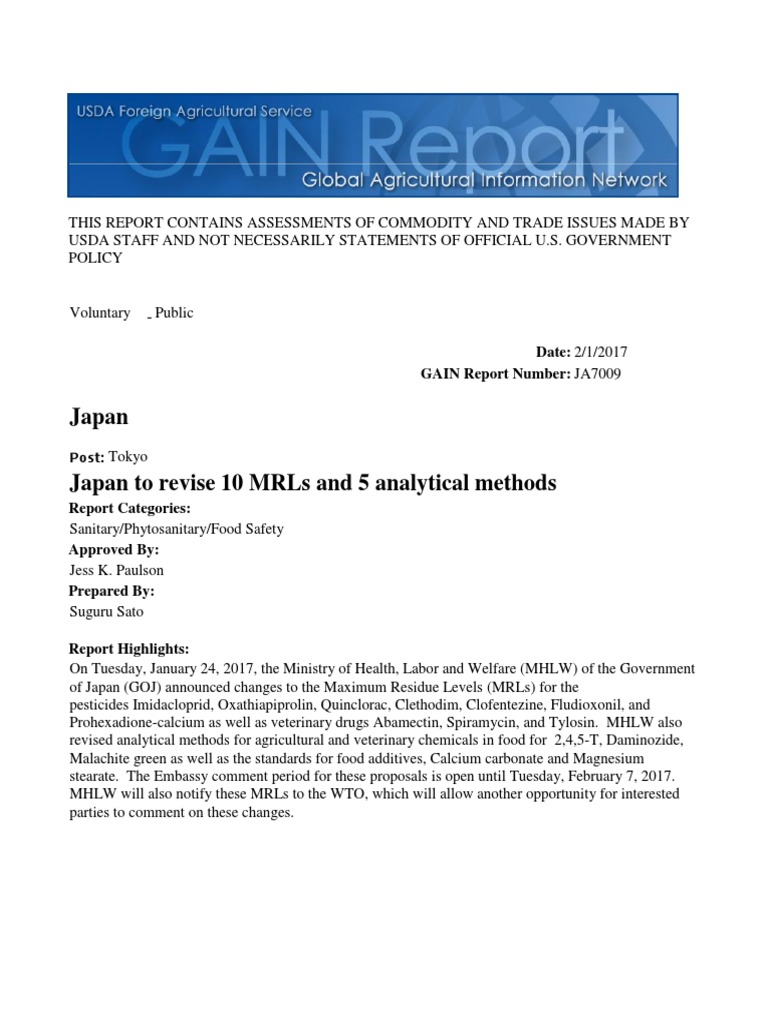 Japan Revises MRLs for Pesticides and Drugs | PDF | Pickling | Vegetables