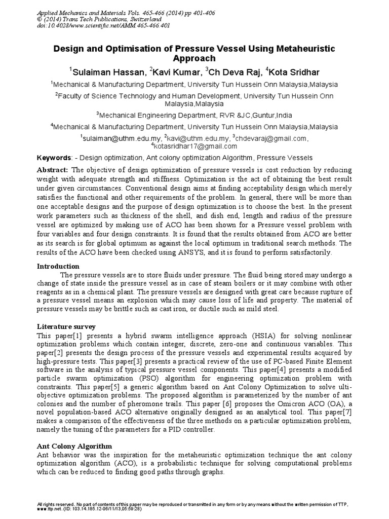 Design and Optimisation of Pressure Vessel Using Metaheuristic Approach ... Design and Optimisation of Pressure Vessel Using Metaheuristic Approach ...
