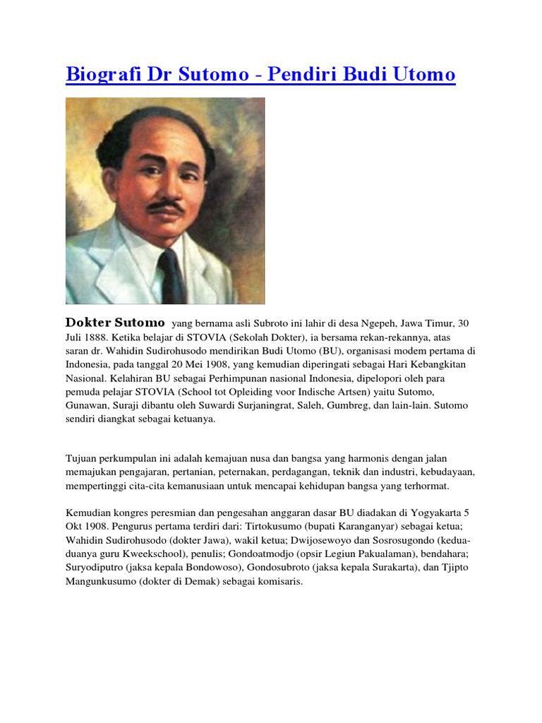Biografi Dr. Sutomo: Pendiri Budi Utomo | PDF | Politik | Sejarah