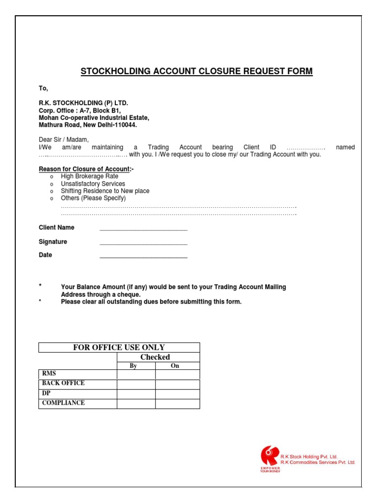 Stockholding Account Closure Request Form: For Office Use Only Checked ...