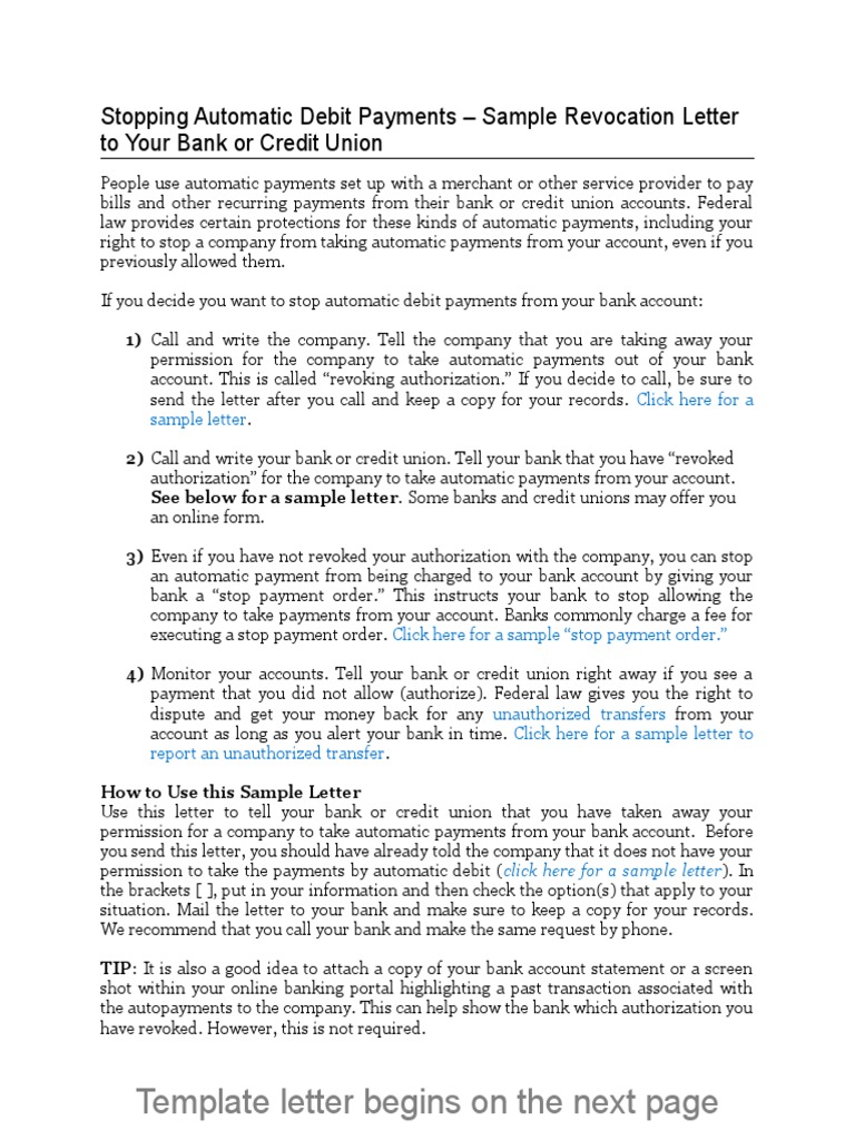 CFPB Sample Revocation Letter To Your Bank or Credit Union | PDF ...