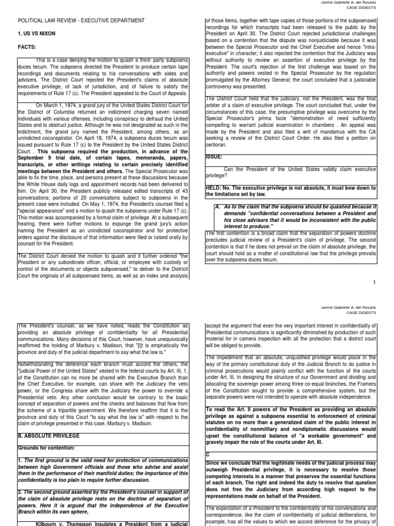 Us VS Nixon | PDF | Executive Privilege | Presidents Of The United States