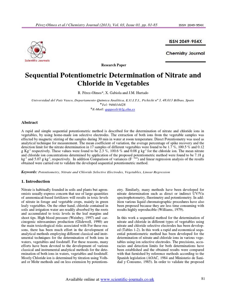 Nitrate Chloride Determination Vegetables Pdf Pdf Nitrate Analytical Chemistry