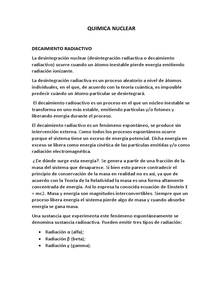 Radiación nuclear y tipos de decaimiento radiactivo | PDF ...