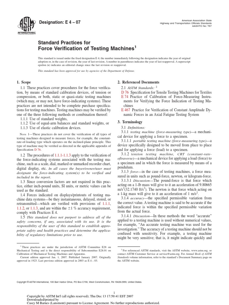 E4 Standard Practices For Force Verification of Testing Machine | PDF ...