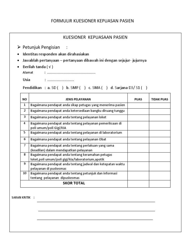 Formulir Kuesioner Kepuasan Pasien | PDF