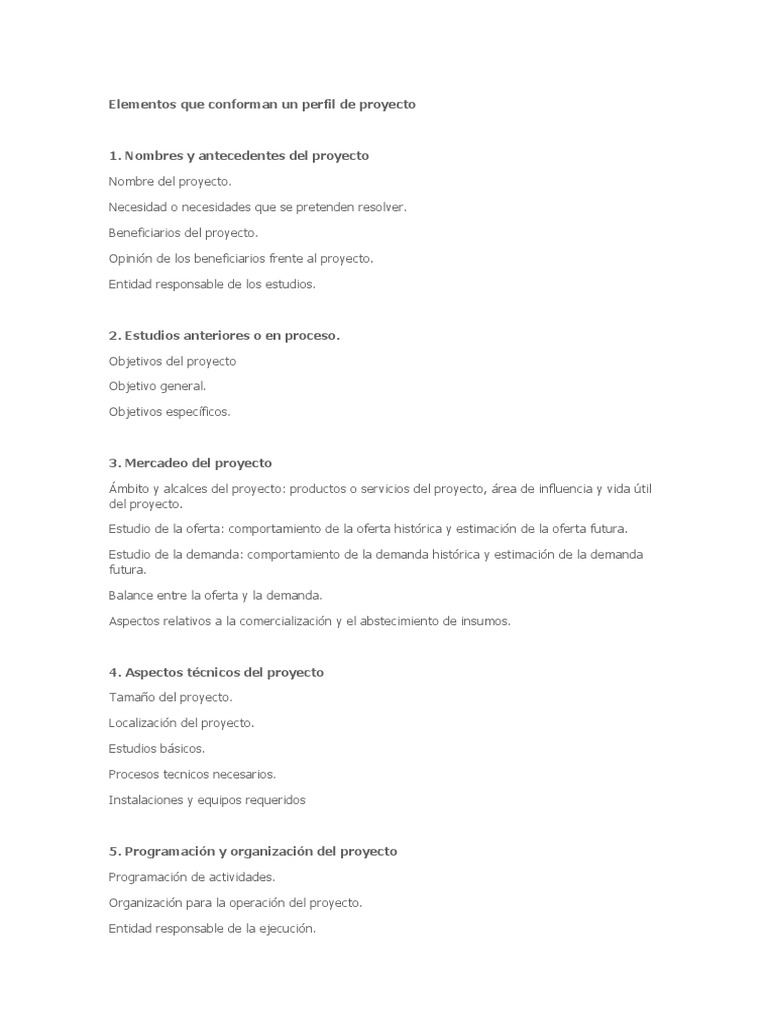 Elementos Que Conforman Un Perfil de Proyecto | PDF | Beneficio (economía) | Interés