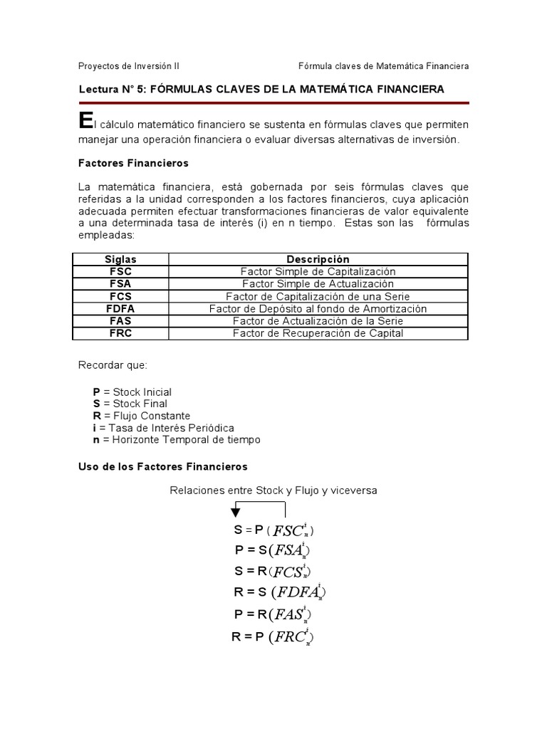 Lectura N 5 Formulas Claves de Matematica Financiera | PDF | Finanzas ...