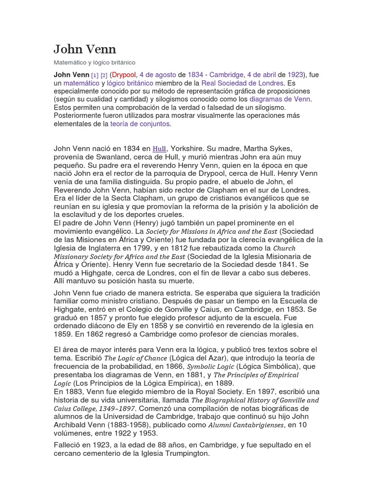 Biografia John Venn Completa | PDF | Personas | Sociedad