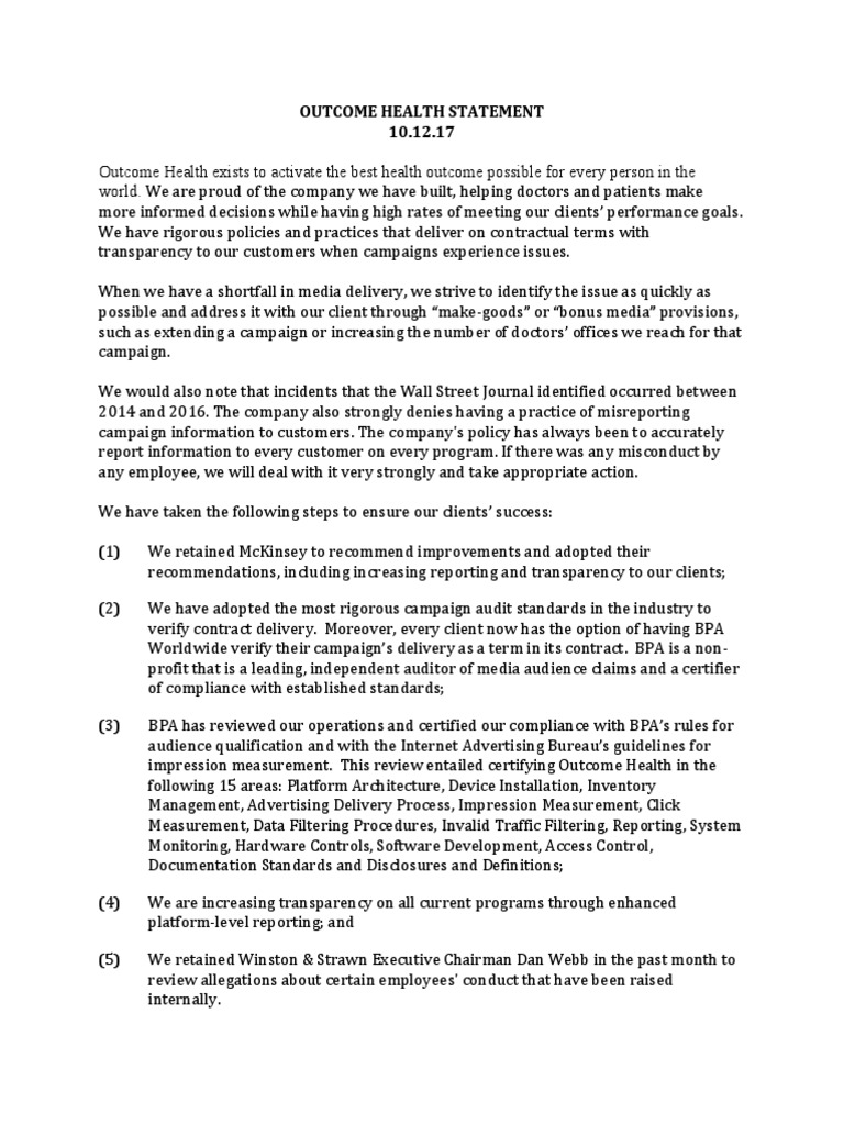 Outcome Health Statement 10.12.17[4] | Audit | Business