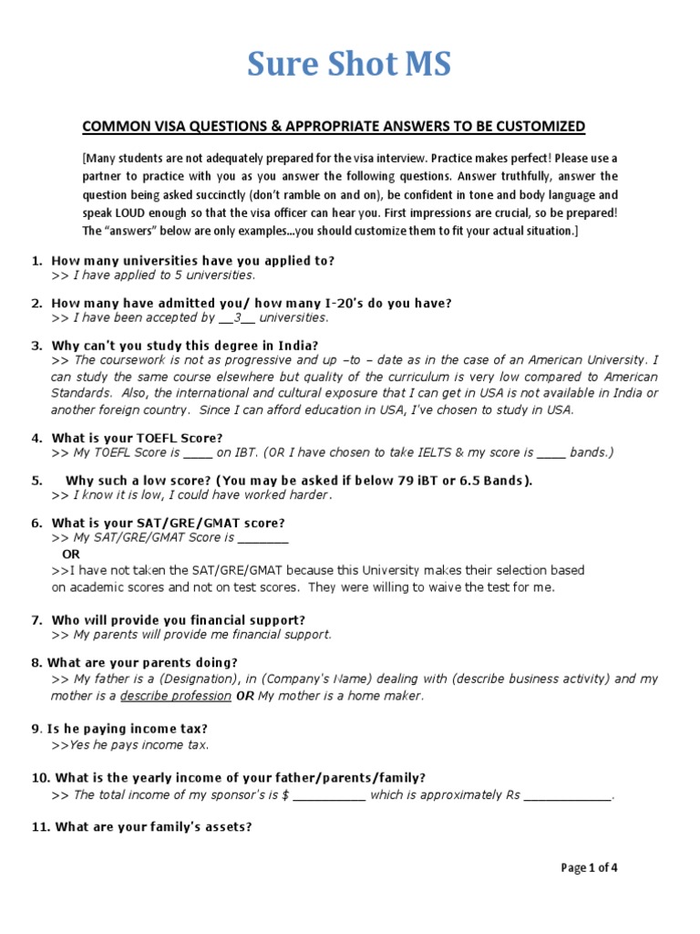 Visa Interview Sample Questions | PDF | Master Of Business ...