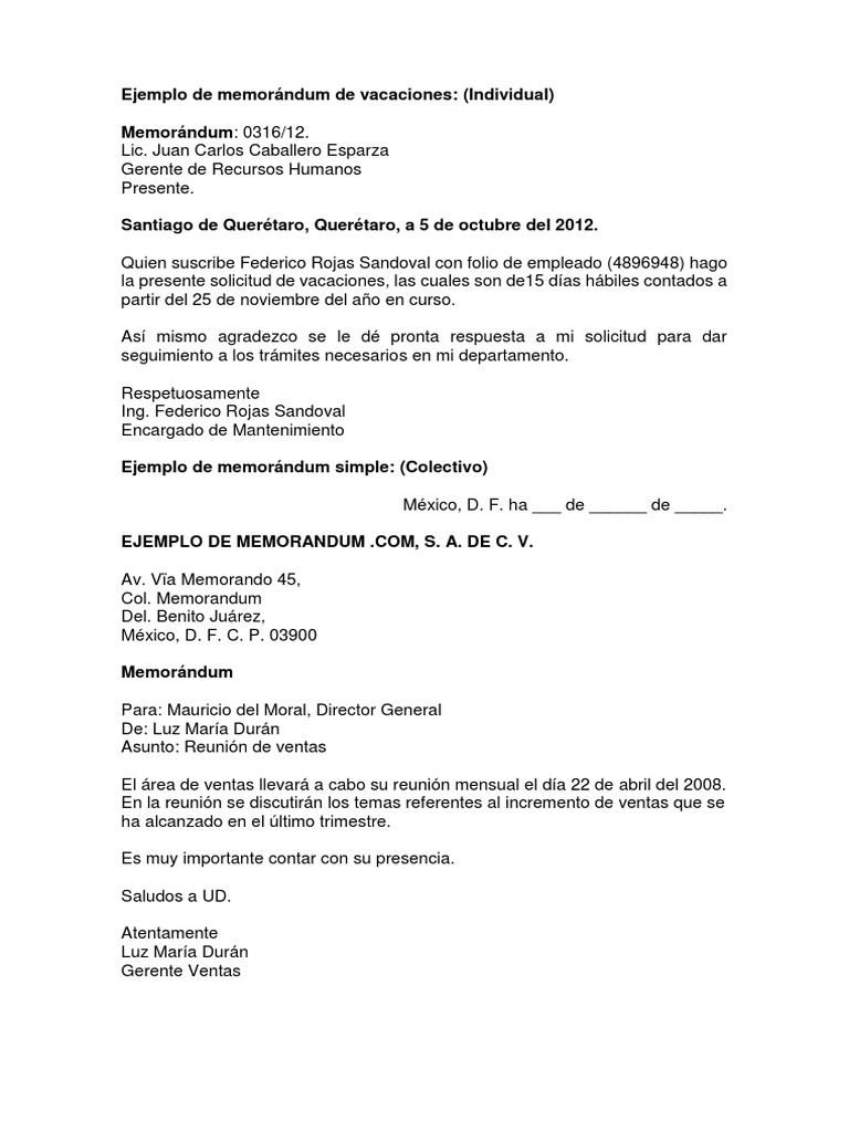 Ejemplo de Memorándum de Vacaciones