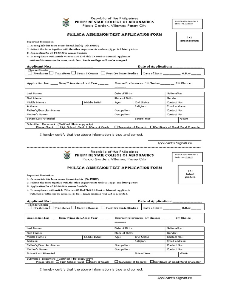 PhilSCA Admission Test Application Form | Learning