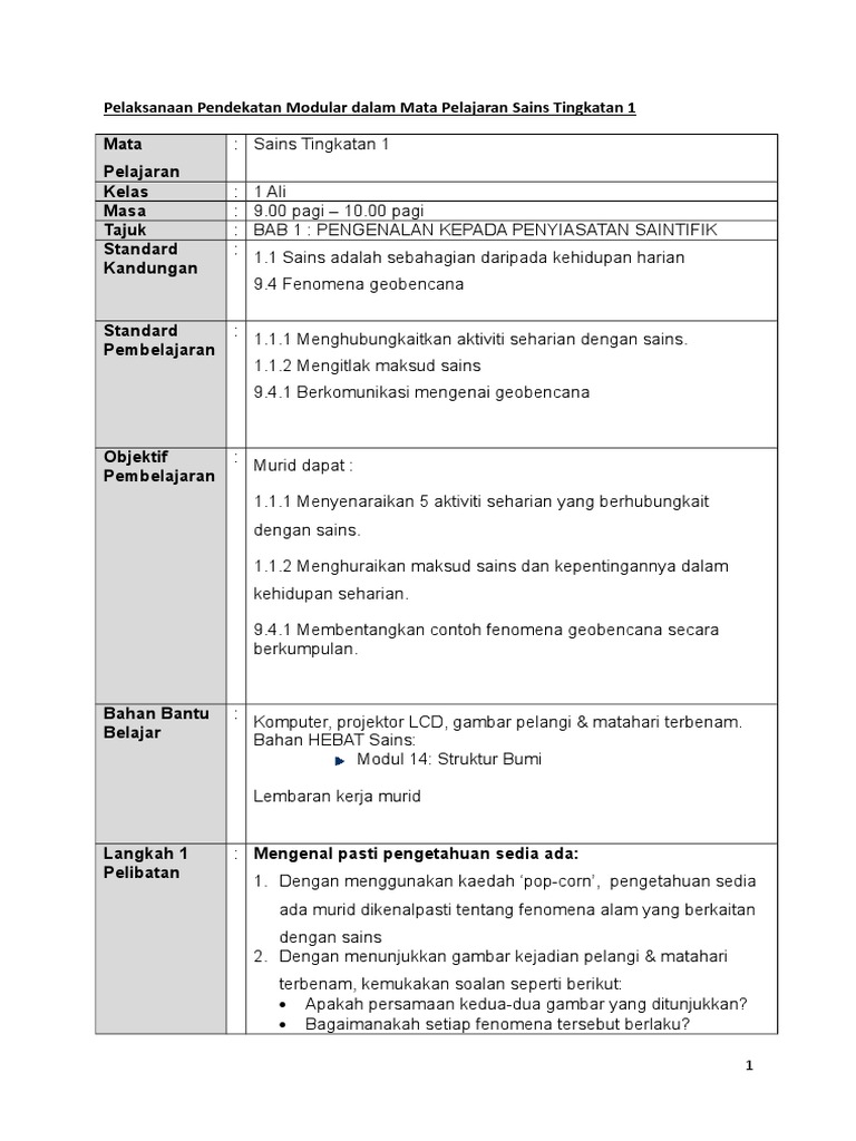 Contoh RPH Modular Sains Ting 1 BM | PDF