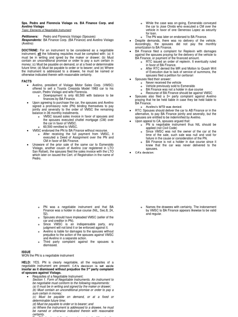 Sps. Pedro & Florencia Violago vs. BA Finance Corp. & Avelino Violago ...