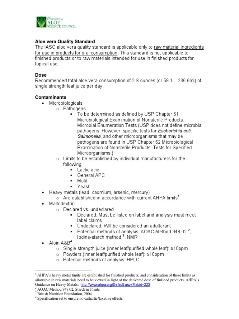 Alo Ever A Quality Standard | PDF | Juice | Diet & Nutrition