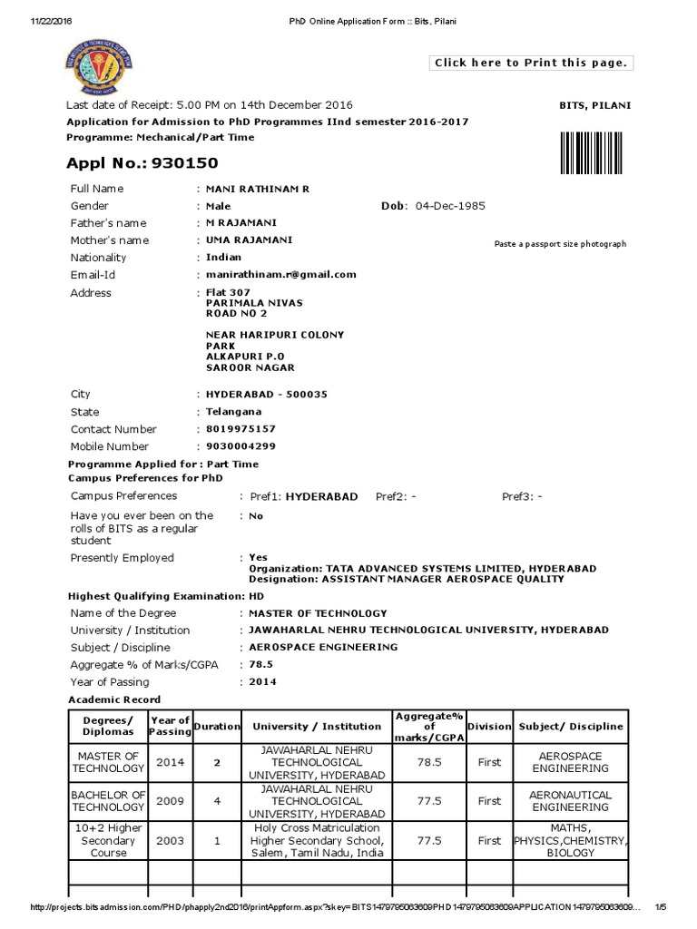 PhD Online Application Form __ Bits, Pilani | Doctor Of Philosophy ...