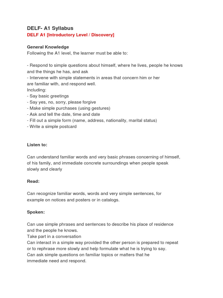 DELF A1 Syllabus-Eng | Grammatical Number | Pronoun