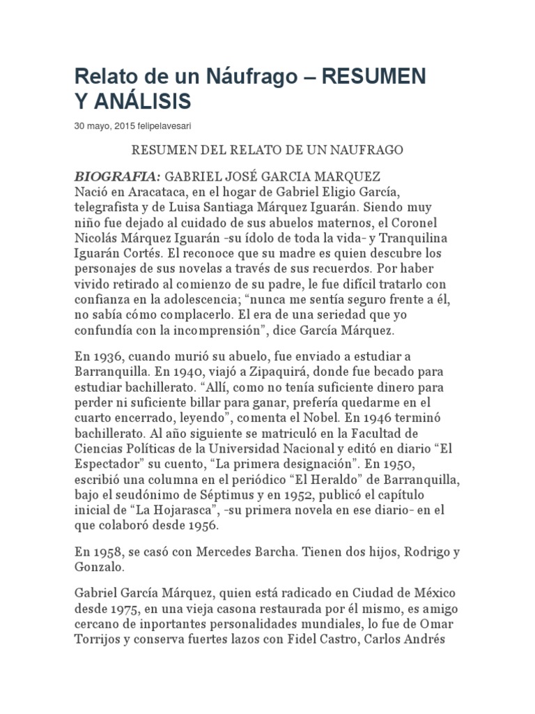 Relato de Un Náufrago | PDF | Gabriel García Márquez | Agitación