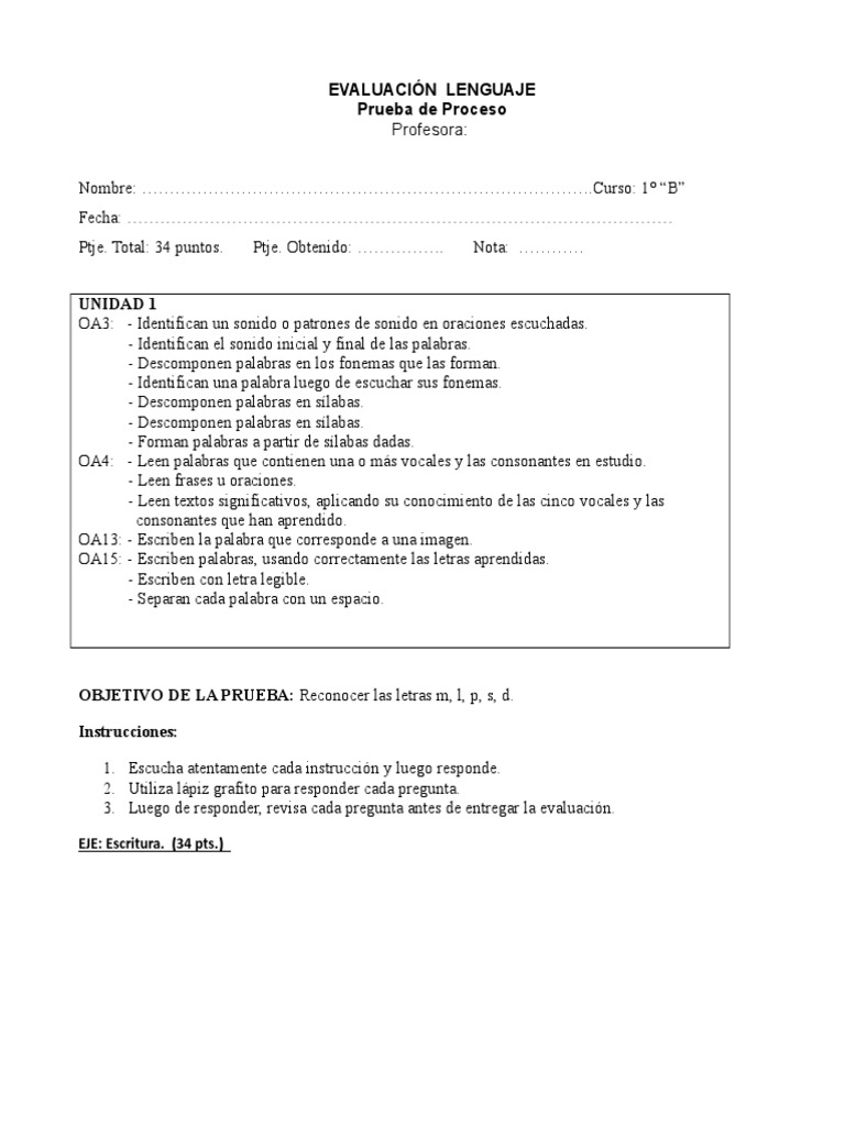 Evaluación de Letras y Sílabas para 1° B | PDF | Palabra | Sílaba