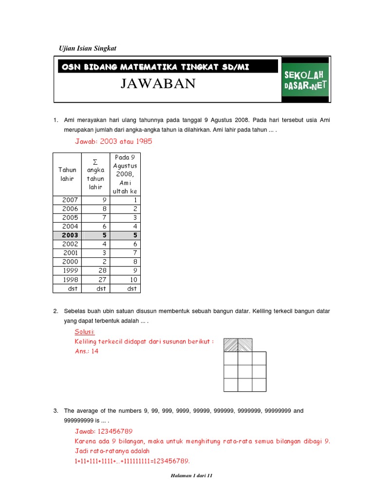Soal Dan Pembahasan Isian Singkat Osn Matematika