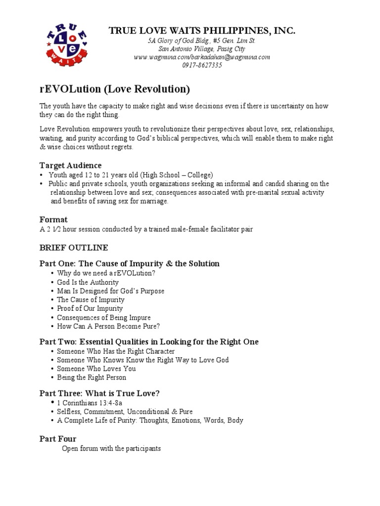 Revolution (Love Revolution) : True Love Waits Philippines, Inc | PDF