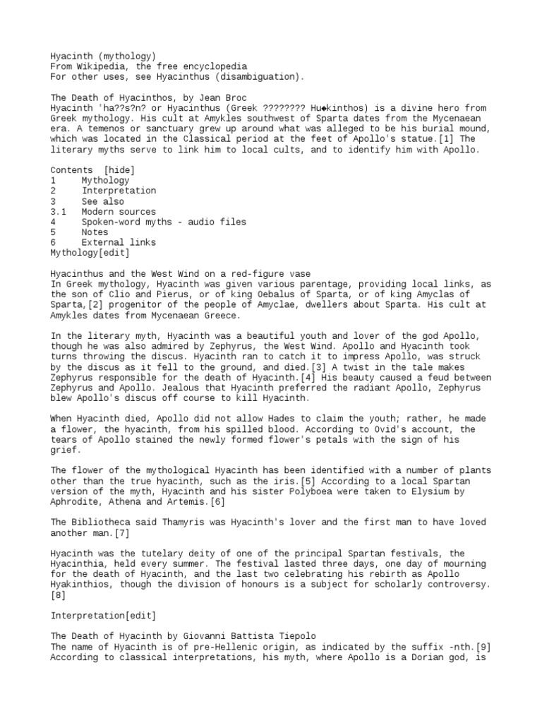 Hyacinth (Mythology) | PDF | Ancient Greek Literature | Greek Mythology