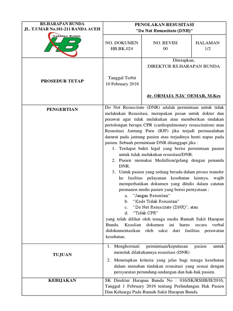 Sop Prosedur Penolakan Resusitasi (DNR) | PDF