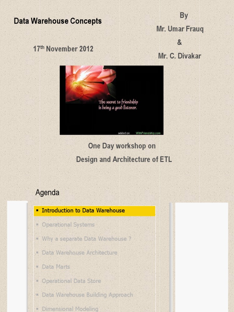 One Day Workshop on Data Warehouse Concepts: An Overview of Data ...