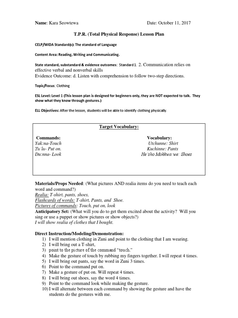 TPR Clothing Lesson Plan for Kids | PDF | Human Communication | Teaching