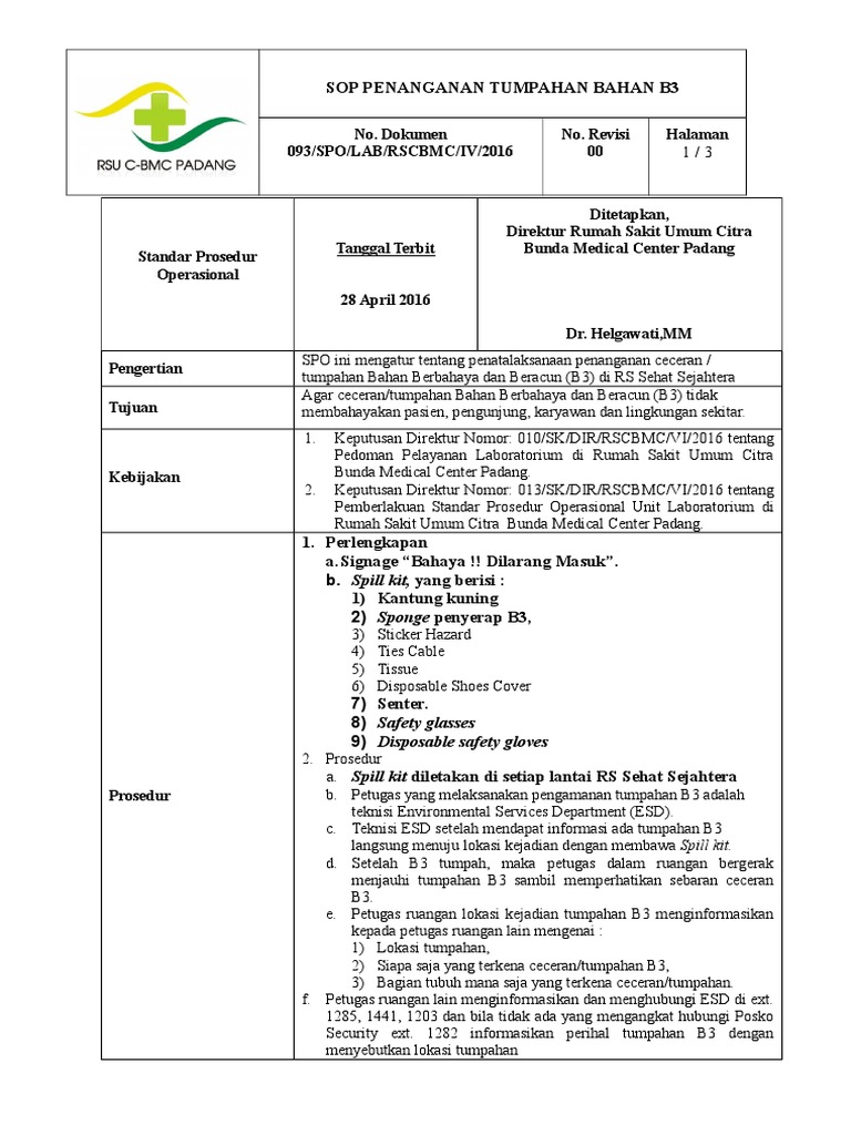 Sop Penanganan Tumpahan Bahan b3 Oke | PDF