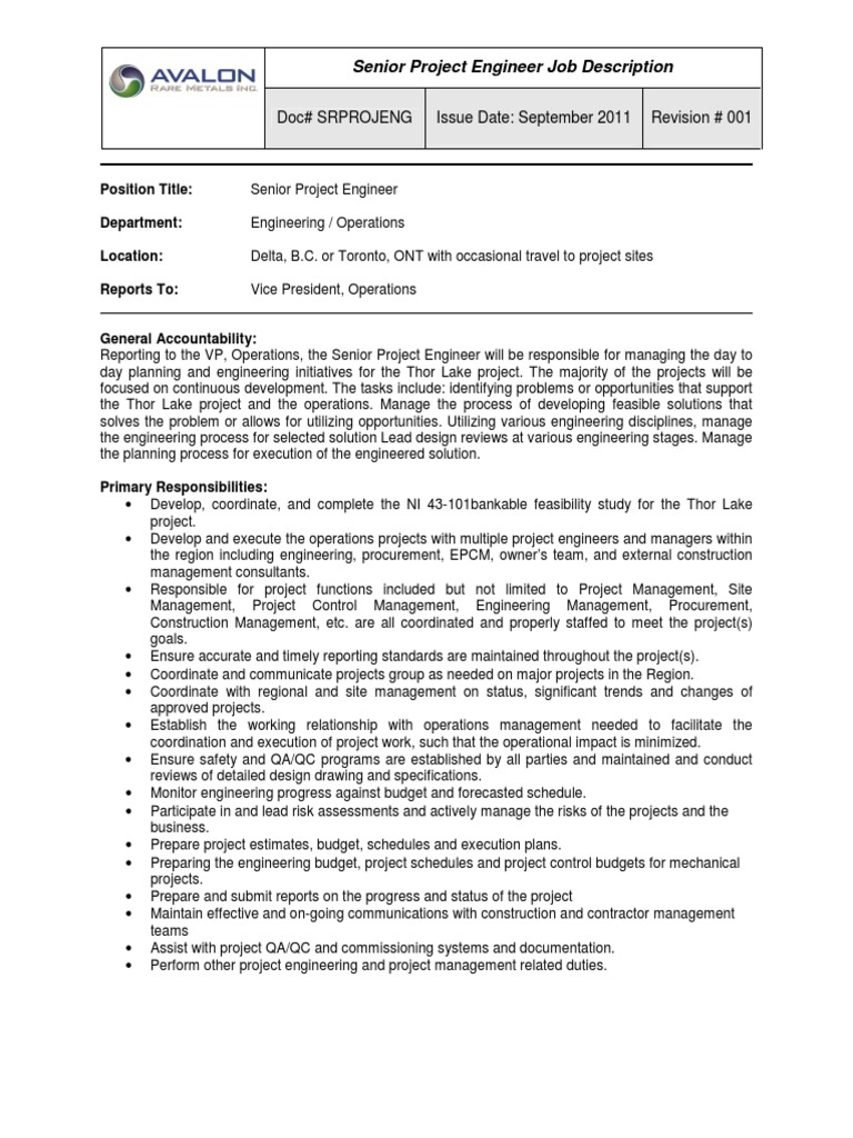 Senior Project Engineer Download Free Pdf Project Management