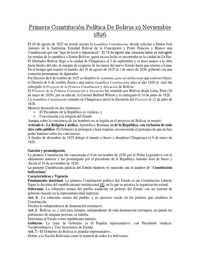 Primera Constitución Política de Bolivia 19 Noviembre 1826 | PDF ...